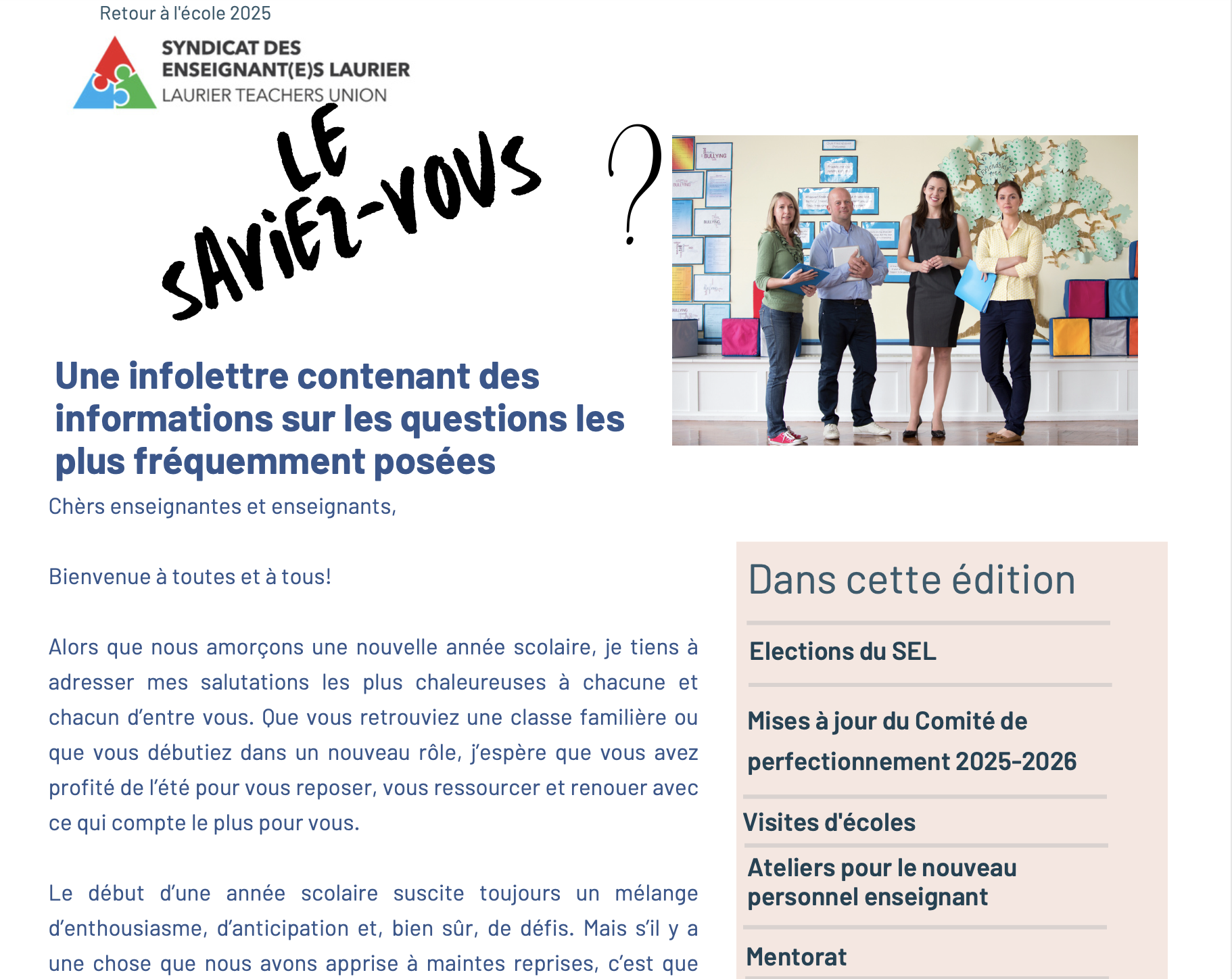 Le Saviez-vous- Retour à l’école 2025 - Laurier Teachers Union - LTU
